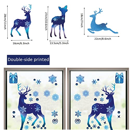 UOMNICUE 9 Sheets Christmas Window Cling Sticker, 213pcs Double Sided Blue Christmas Tree Reindeer Snowflake Window Decal Stickers for Glass Window Home Xmas Party Decorations Supplies