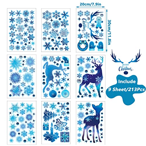 UOMNICUE 9 Sheets Christmas Window Cling Sticker, 213pcs Double Sided Blue Christmas Tree Reindeer Snowflake Window Decal Stickers for Glass Window Home Xmas Party Decorations Supplies