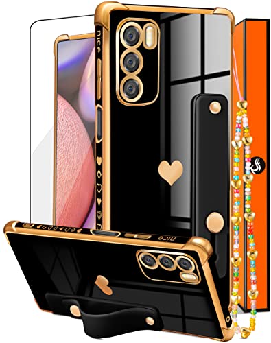 Likiyami (3in1 for Motorola Moto G Stylus 5G 2022 Case (NOT FIT 4G) Heart Women Girls Girly Cute Luxury Pretty with Stand Phone Cases Black Gold Love Hearts Aesthetic Cover+Screen+Chain for 6.8 inch