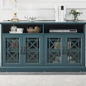 WTRAVEL Buffet Sideboard Kitchen Buffet Storage Cabinet, 4 Doors Storage Cabinet with Adjustable Shelves, Wood Console Table for Kitchen, Dining, Living Room, Dark Teal