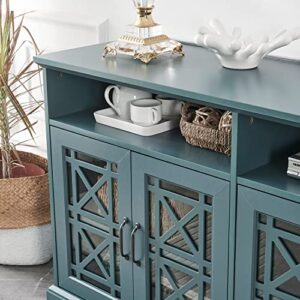 WTRAVEL Buffet Sideboard Kitchen Buffet Storage Cabinet, 4 Doors Storage Cabinet with Adjustable Shelves, Wood Console Table for Kitchen, Dining, Living Room, Dark Teal