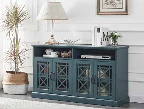 WTRAVEL Buffet Sideboard Kitchen Buffet Storage Cabinet, 4 Doors Storage Cabinet with Adjustable Shelves, Wood Console Table for Kitchen, Dining, Living Room, Dark Teal