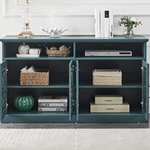 WTRAVEL Buffet Sideboard Kitchen Buffet Storage Cabinet, 4 Doors Storage Cabinet with Adjustable Shelves, Wood Console Table for Kitchen, Dining, Living Room, Dark Teal