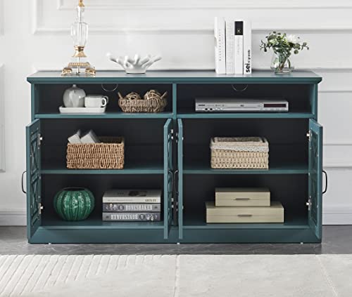 WTRAVEL Buffet Sideboard Kitchen Buffet Storage Cabinet, 4 Doors Storage Cabinet with Adjustable Shelves, Wood Console Table for Kitchen, Dining, Living Room, Dark Teal