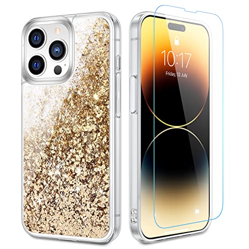 Caka for iPhone 14 Pro Max Case, iPhone 14 Pro Max Phone Case Glitter Bling Sparkle Liquid for Women Girls Flowing Quicksand Clear Case Cover for iPhone 14 Pro Max 2022 - Gold