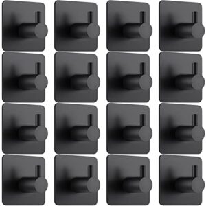 shimeyao 16 pcs black adhesive hooks heavy duty wall hooks bathroom towel hook matte black stainless steel waterproof for hanging coat hat towel robe key clothes office kitchen bathroom