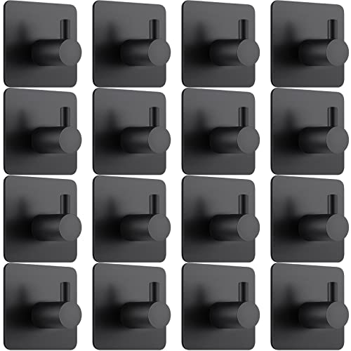 Shimeyao 16 Pcs Black Adhesive Hooks Heavy Duty Wall Hooks Bathroom Towel Hook Matte Black Stainless Steel Waterproof for Hanging Coat Hat Towel Robe Key Clothes Office Kitchen Bathroom