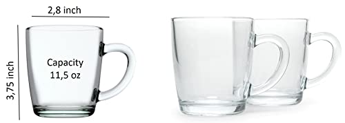 Clear Glass Coffee mugs, 11.5 Ounces- Glass Coffee Cups with Handle, Cappuccino, Espresso, Tea, Latte Cups, Cups for Drinking Hot Beverages, Large Capacity, 2 Pack (Clear)