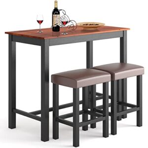 costway 3 pieces dining table and chair set, counter height wood breakfast table set with 2 upholstered stools, industrial wood kitchen table set for bar bistro,living room, restaurant