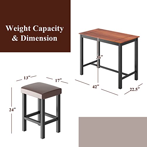 COSTWAY 3 Pieces Dining Table and Chair Set, Counter Height Wood Breakfast Table Set with 2 Upholstered Stools, Industrial Wood Kitchen Table Set for Bar Bistro,Living Room, Restaurant