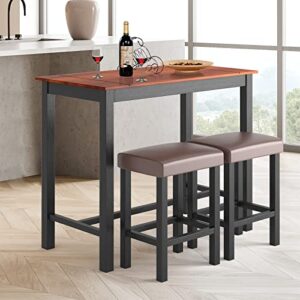 COSTWAY 3 Pieces Dining Table and Chair Set, Counter Height Wood Breakfast Table Set with 2 Upholstered Stools, Industrial Wood Kitchen Table Set for Bar Bistro,Living Room, Restaurant