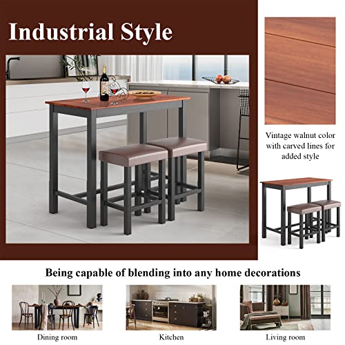 COSTWAY 3 Pieces Dining Table and Chair Set, Counter Height Wood Breakfast Table Set with 2 Upholstered Stools, Industrial Wood Kitchen Table Set for Bar Bistro,Living Room, Restaurant