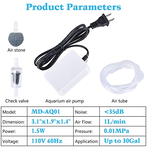 MingDak Mini Quiet Aquarium Air Pump for 1-15 Gallon Fish Tank,Oxygen Fish Aerator Pump Kit 1.5W with Airline Tubing & Check Valve & Air Stone Bubbler Accessories White