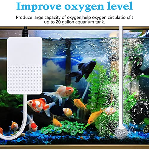 MingDak Mini Quiet Aquarium Air Pump for 1-15 Gallon Fish Tank,Oxygen Fish Aerator Pump Kit 1.5W with Airline Tubing & Check Valve & Air Stone Bubbler Accessories White