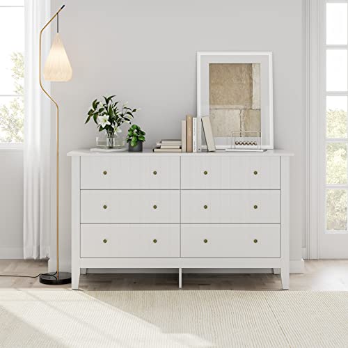 FOTOSOK White Dresser, Chest of Drawers, Modern 6 Drawer Double Dresser with Deep Drawers, Wide Storage Organizer Cabinet for Living Room, Hallway