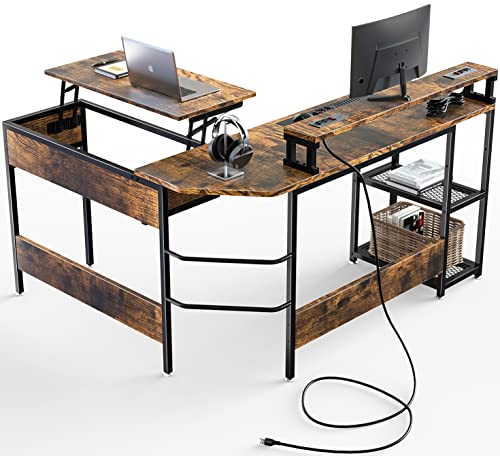 Computer Desk with Power Outlet and Lift Top, 55" L Shaped Gaming Desk, DORPU Corner Desk with Monitor Shelf and USB Port, L Shape Standing Desk Adjustable Sit to Stand Desk with Shelves, Rustic Brown