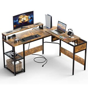 Computer Desk with Power Outlet and Lift Top, 55" L Shaped Gaming Desk, DORPU Corner Desk with Monitor Shelf and USB Port, L Shape Standing Desk Adjustable Sit to Stand Desk with Shelves, Rustic Brown