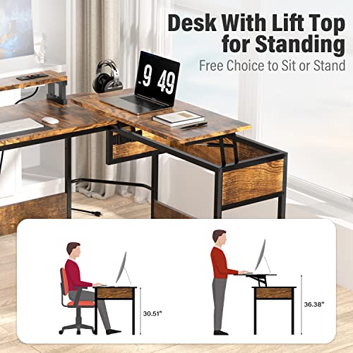 Computer Desk with Power Outlet and Lift Top, 55" L Shaped Gaming Desk, DORPU Corner Desk with Monitor Shelf and USB Port, L Shape Standing Desk Adjustable Sit to Stand Desk with Shelves, Rustic Brown