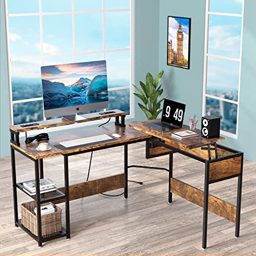 Computer Desk with Power Outlet and Lift Top, 55" L Shaped Gaming Desk, DORPU Corner Desk with Monitor Shelf and USB Port, L Shape Standing Desk Adjustable Sit to Stand Desk with Shelves, Rustic Brown