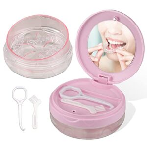 denture case, leak proof denture bath case cup kit for travel cleaning, denture holder box bath soaking container for women & men with mirror, strainer, removal tool and denture brush(pink)