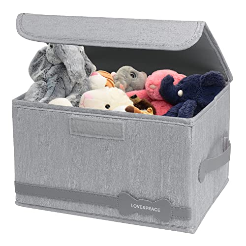 8.5L 9Quart Cute Storage Bins with Lids, Fabric Decorative Storage Box Bin Basket Cube with Lid and Leather Handles, Foldable, Washable, for Closet Bedroom Nursery Home (Grey 10.4 x 7.9 x 6.3)