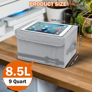 8.5L 9Quart Cute Storage Bins with Lids, Fabric Decorative Storage Box Bin Basket Cube with Lid and Leather Handles, Foldable, Washable, for Closet Bedroom Nursery Home (Grey 10.4 x 7.9 x 6.3)