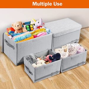 8.5L 9Quart Cute Storage Bins with Lids, Fabric Decorative Storage Box Bin Basket Cube with Lid and Leather Handles, Foldable, Washable, for Closet Bedroom Nursery Home (Grey 10.4 x 7.9 x 6.3)