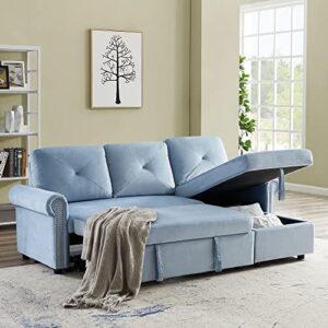 RAOKUKH 83" Convertible Sleeper Sofa Bed, 3-Seater L-Shape Sectional Couch with Storage Chaise for Living Room Apartment,Blue