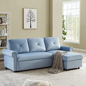 RAOKUKH 83" Convertible Sleeper Sofa Bed, 3-Seater L-Shape Sectional Couch with Storage Chaise for Living Room Apartment,Blue