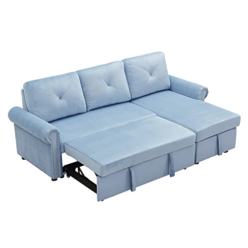 RAOKUKH 83" Convertible Sleeper Sofa Bed, 3-Seater L-Shape Sectional Couch with Storage Chaise for Living Room Apartment,Blue