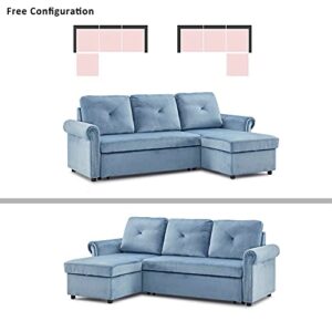 RAOKUKH 83" Convertible Sleeper Sofa Bed, 3-Seater L-Shape Sectional Couch with Storage Chaise for Living Room Apartment,Blue