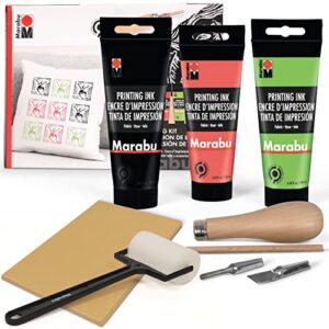 marabu block printing kit - linocut kit with 3 x 100ml block printing ink, cutter, rubber block, and block printing brayer roller - linoleum printmaking kit, block printing starter kit - 6pc set