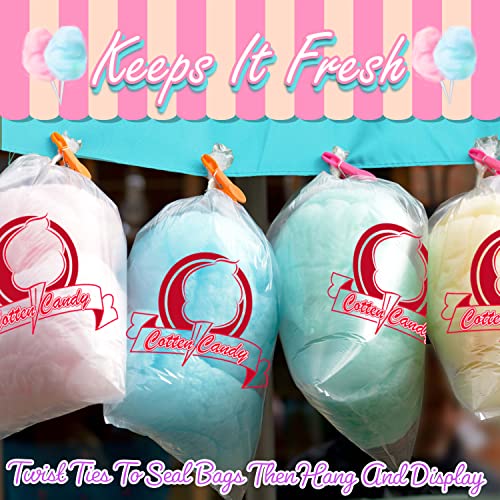 Cotton Candy Bags, Cotton Candy Supplies, Cotton Candy Bags With Ties, 11 1/2" x 18 1/2" Printed, Clear .80 mil plastic, Paperboard Header, Easy Tear Off (300 Bags)