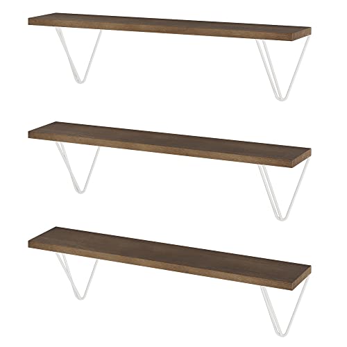 Wallniture Colmar Floating Shelves, Bookshelf Living Room Decor, Kitchen Organization Bathroom Organizer & Wall Shelves for Bedroom Decor Walnut Finish 24"x4.5" Set of 3