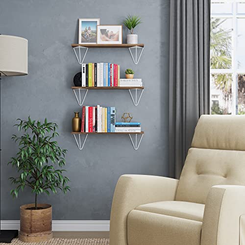 Wallniture Colmar Floating Shelves, Bookshelf Living Room Decor, Kitchen Organization Bathroom Organizer & Wall Shelves for Bedroom Decor Walnut Finish 24"x4.5" Set of 3