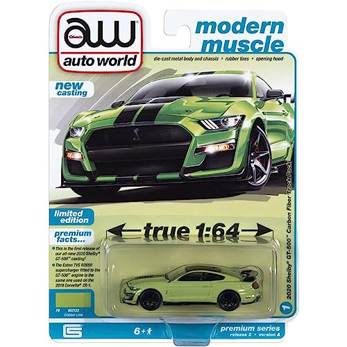 2020 Shelby GT500 Carbon Fiber Track Pack Grabber Lime Green w/Black Stripes & Black Top Ltd Ed 1/64 Diecast Model Car by Auto World 64362-AWSP100 A