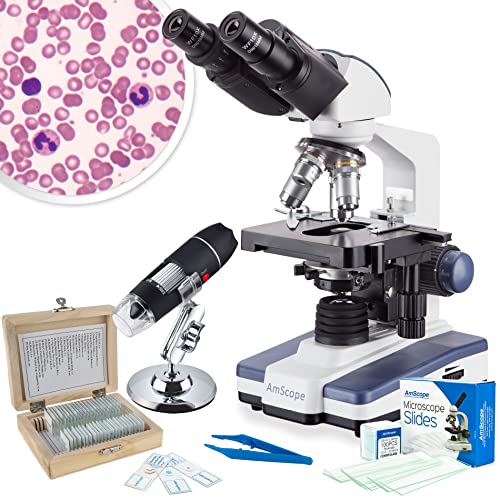 AmScope - 40X-2500X LED Binocular Compound Microscope with 3D Stage, 25-Piece Prepared Slides Set and Tweezers Plus Bonus Handheld Multi-USB Digital Microscope for PC and Android - VB-B120C-SLVR