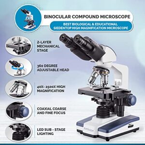 AmScope - 40X-2500X LED Binocular Compound Microscope with 3D Stage, 25-Piece Prepared Slides Set and Tweezers Plus Bonus Handheld Multi-USB Digital Microscope for PC and Android - VB-B120C-SLVR