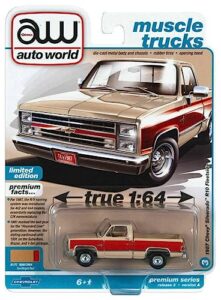 1987 chevy silverado r10 fleetside pickup truck tan & bright red muscle trucks limited edition 1/64 diecast model car by auto world 64362-awsp101 a