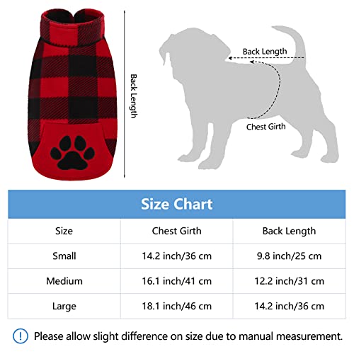 Pedgot Red and Black Plaid Fleece Dog Vest Clothes with Pawprint Pocket, Warm Dog Shirt Pullover Sweater Pet Coat Jacket Apparel for Fall Winter Christmas Wearing (Small)