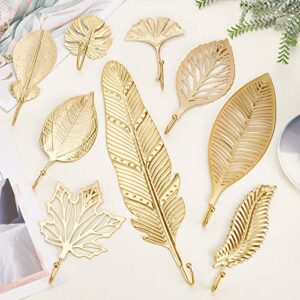 BENECREAT 9pcs Decorative Leaves Iron Hooks, 9 Style Feather/Maple Leaf Wall Mounted Hangers Gold Coat Hooks for Hanging Key, Towel, Coat, Photo Frame, Hat, Bag and Umbrella