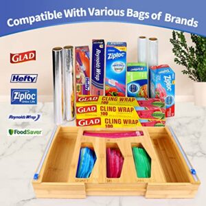 Ziplock Bag Storage Organizer Bamboo - Expandable Foil and Plastic Wrap Dispenser Organizer with Cutter, Plastic Bag Baggie Organizer for Drawer Kitchen, Suitable Gallon, Quart, Sandwich, Snack Bag, and 12.5" Aluminum Foil & Wax Paper (Large)