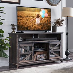 okd farmhouse tv stand for 65+ inch tv, industrial & farmhouse media entertainment center w/sliding barn door, rustic tv console cabinet w/adjustable shelves for living room, dark rustic oak