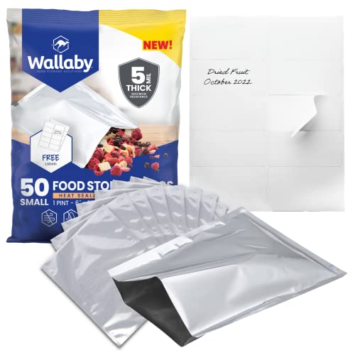 50x Wallaby 1-Pint Mylar Bag Bundle - (5 Mil - 6" x 8") Mylar Bags + 50x Labels - Heat Sealable, Food Safe, & Reliable Long Term Food Storage Solutions - Silver