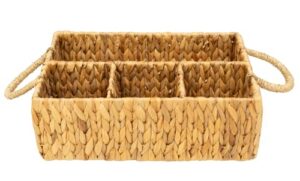 eco 5 water hyacinth large rectangle storage basket, coffee station organizer, 4 dividers basket hand woven with handle, organizing wicker basket for pantry, office, home décor, ‎16"d x 11"w x 5.5"h