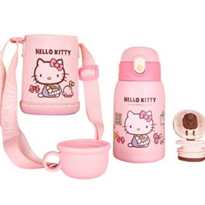 Everyday Delights Sanrio Hello Kitty Stainless Steel Insulated Water Bottle Double Covers with Cup, Straw and Bag 480ml, Pink (KT6603)