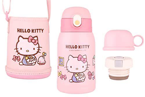 Everyday Delights Sanrio Hello Kitty Stainless Steel Insulated Water Bottle Double Covers with Cup, Straw and Bag 480ml, Pink (KT6603)