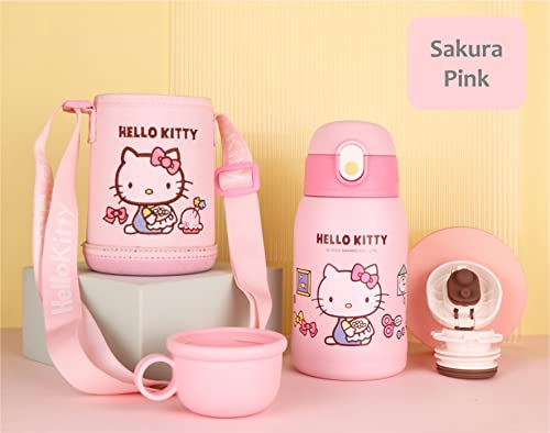 Everyday Delights Sanrio Hello Kitty Stainless Steel Insulated Water Bottle Double Covers with Cup, Straw and Bag 480ml, Pink (KT6603)