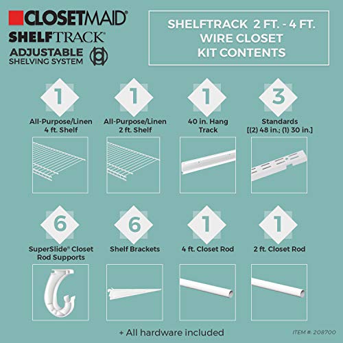 ClosetMaid 1628 Closet Organizer Kit, 5-Foot to 8-Foot, White & 2087 ShelfTrack 2ft. to 4ft. Adjustable Closet Organizer Kit, White