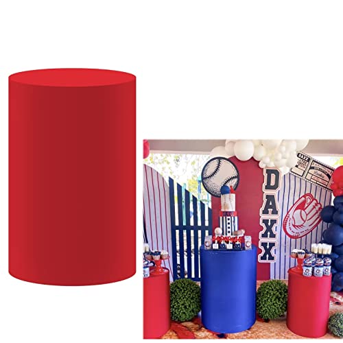 ittsmnt Solid Red Round Pedestal Covers for Birthday Party Red Plinth Cover Fabric Round Cylinder Cover for Baby Shower Wedding Baptism Communion Event Props Dia36 H75